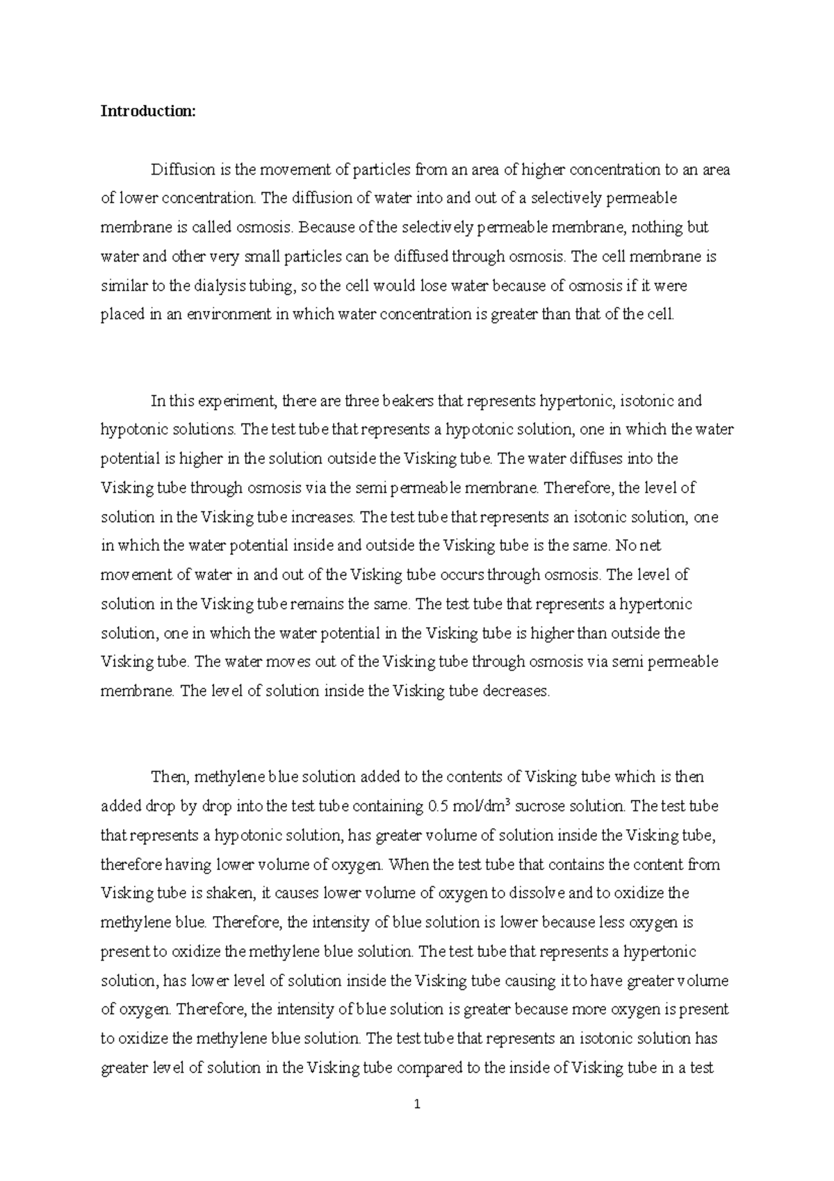Bio experiment 9 lab report practical - Introduction: Diffusion is the ...