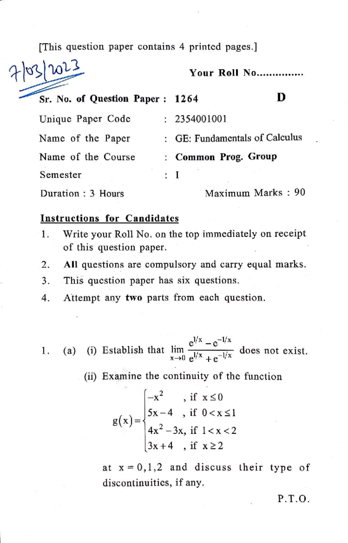 GE: Fundamentals of Calculus - Question Paper (Sem I, 3 Hours) - Studocu