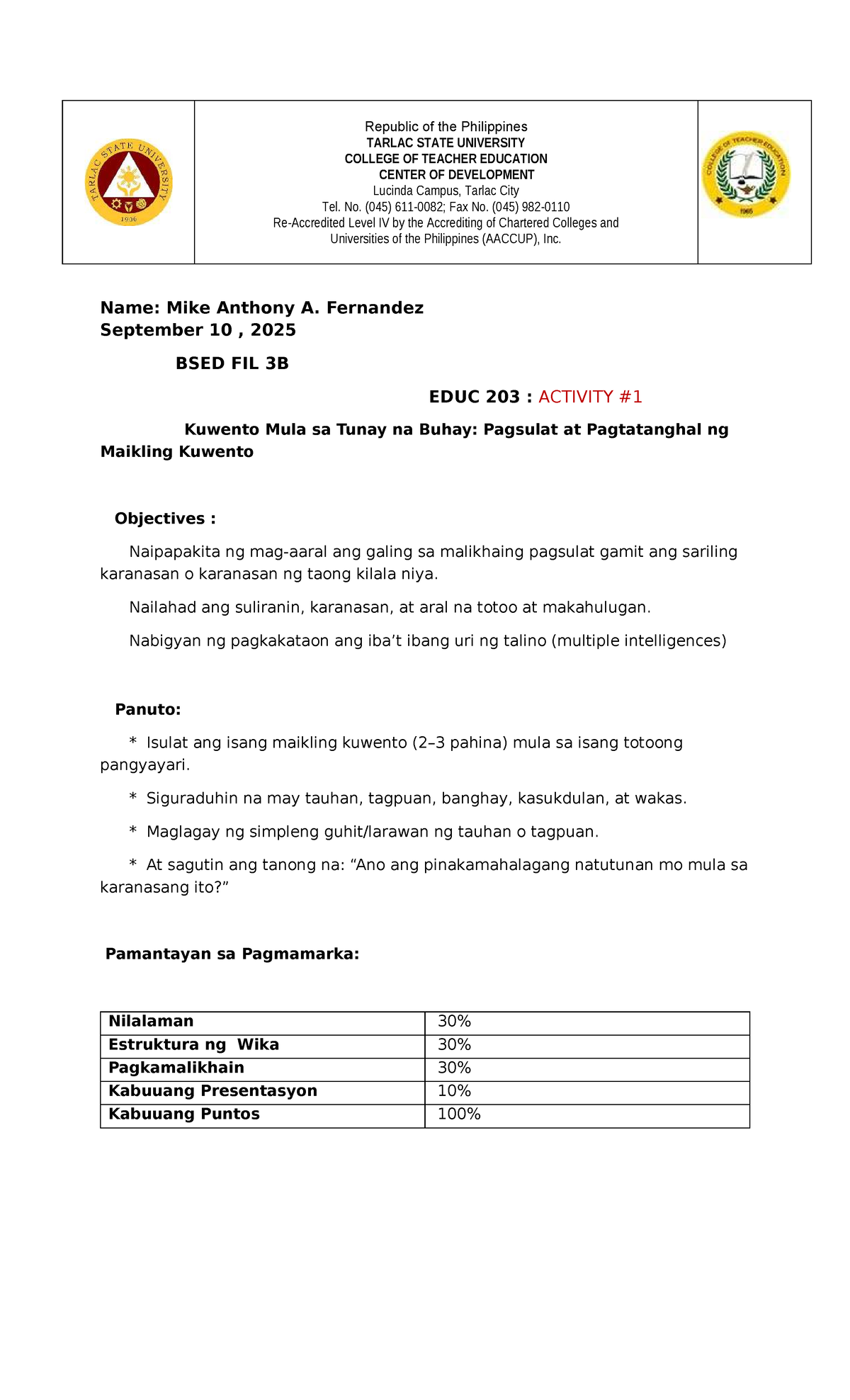 BSED FIL 3B EDUC 203: Kuwento Mula sa Tunay na Buhay Activity - Studocu