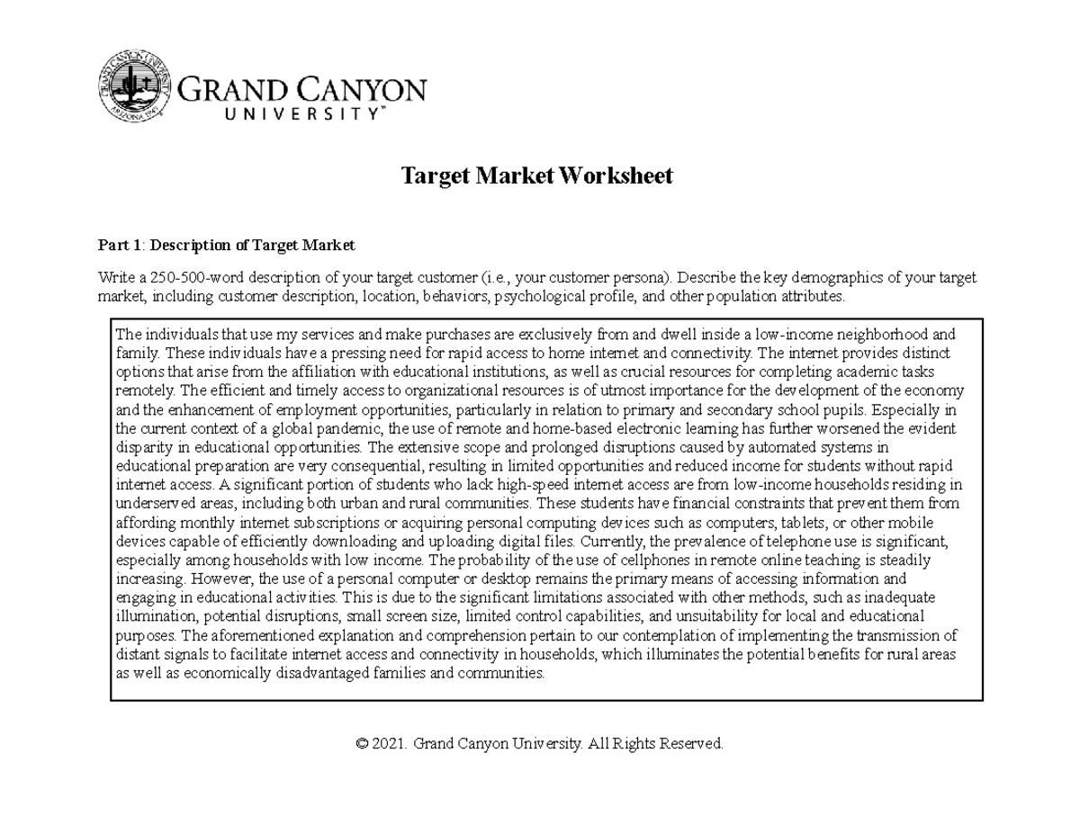ENT 436 Target Market Worksheet for Internet Access Services - Studocu