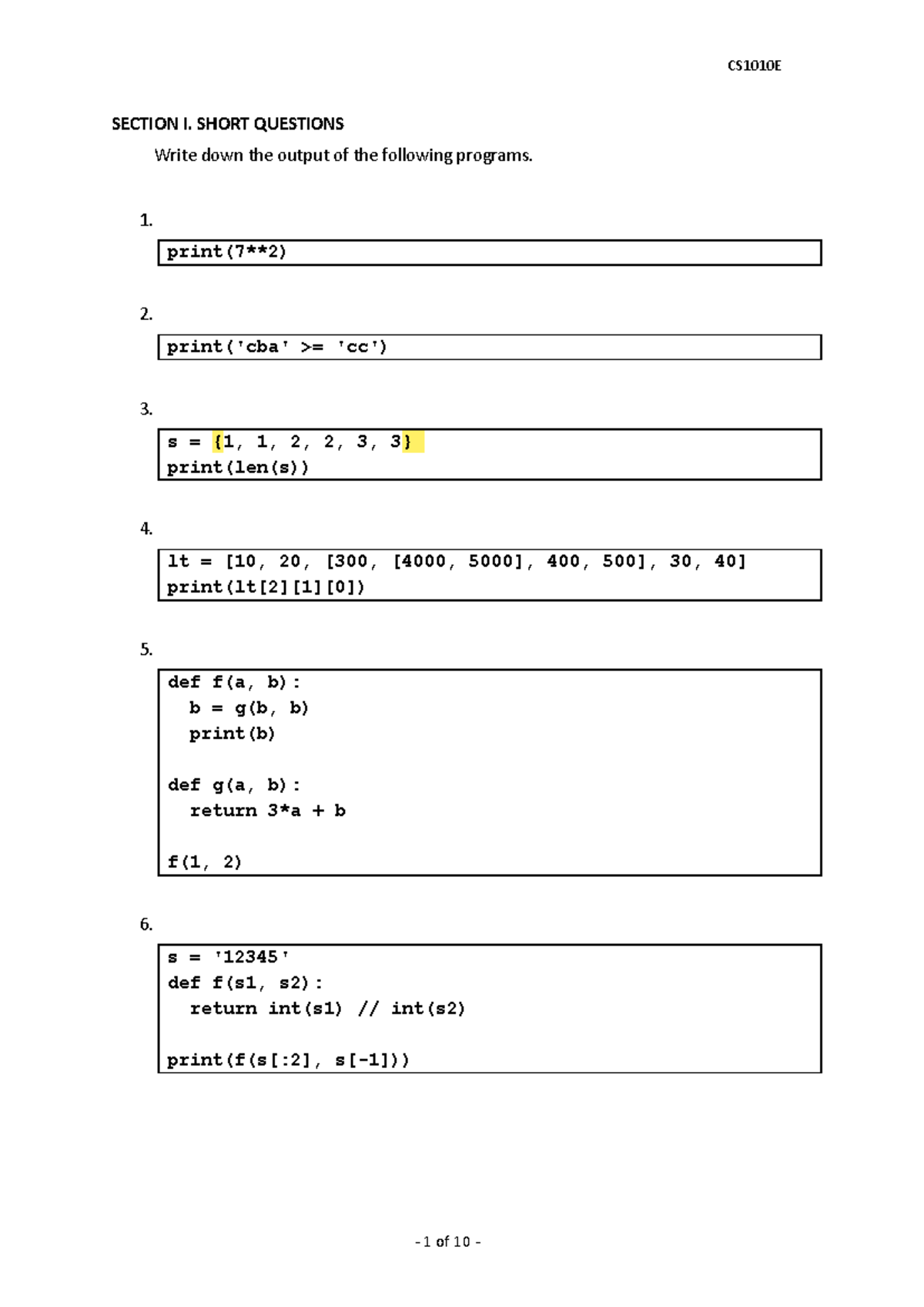 CS1010E practice paper 2: short questions and MCQs - Studocu