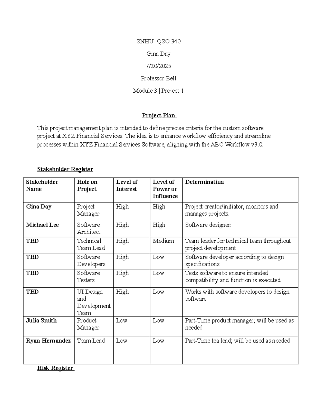 QSO 340 Module 3 Project 1: Project Management Plan for XYZ Financial ...