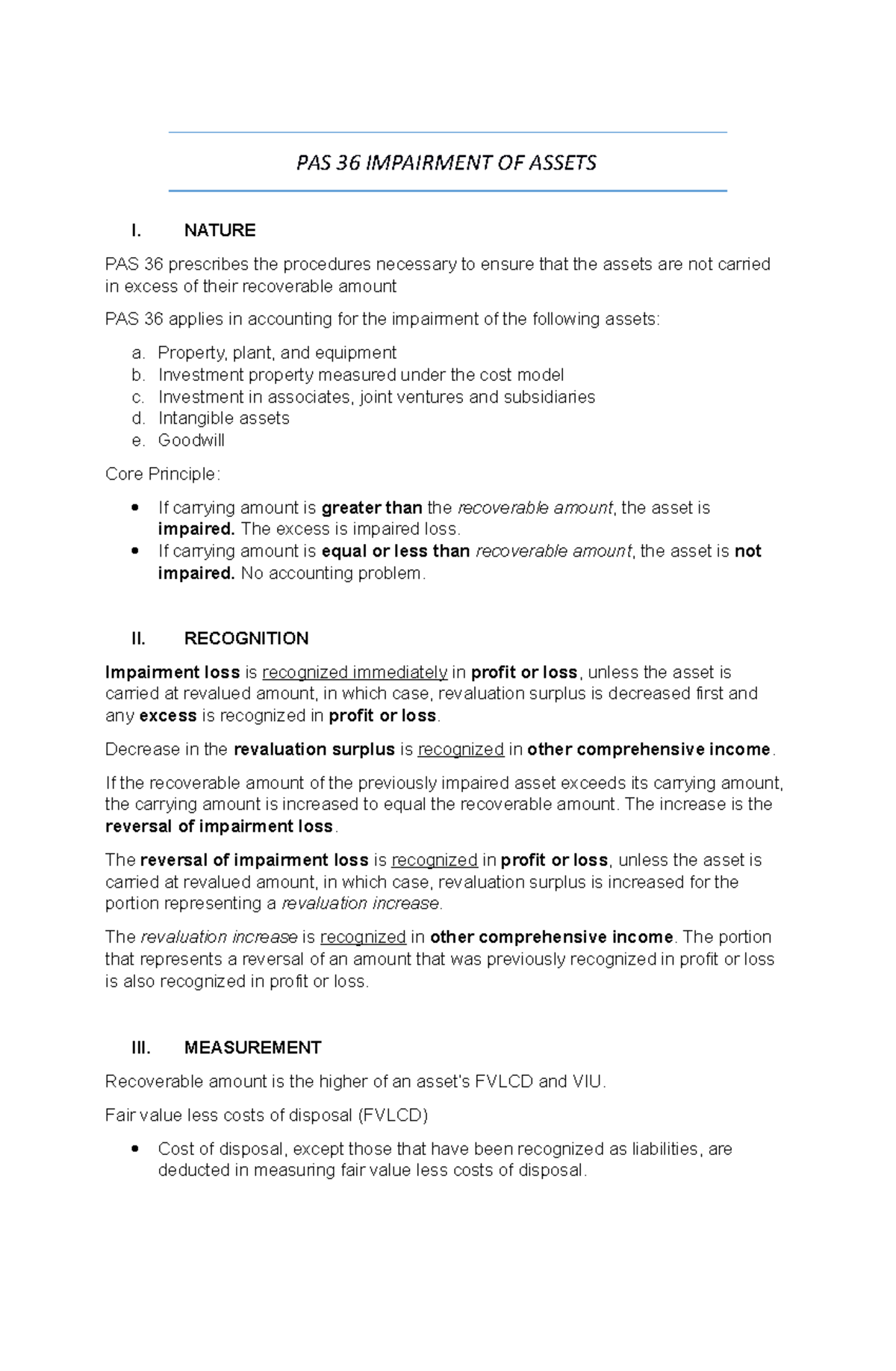 PAS 36 Final Exam Notes: Impairment of Assets Explained - Studocu