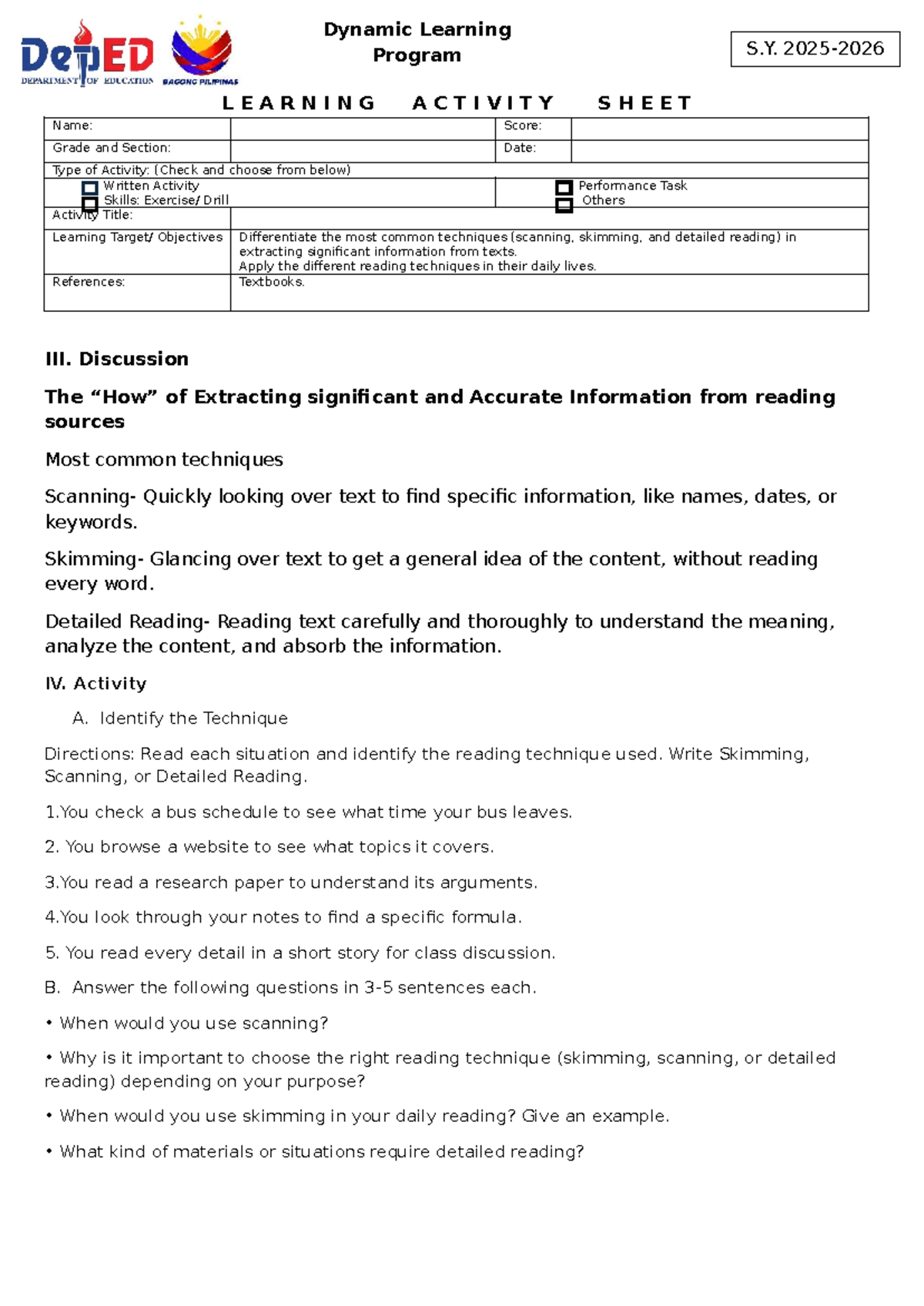 Dynamic Learning Program: Reading Techniques Activity Sheet - Studocu