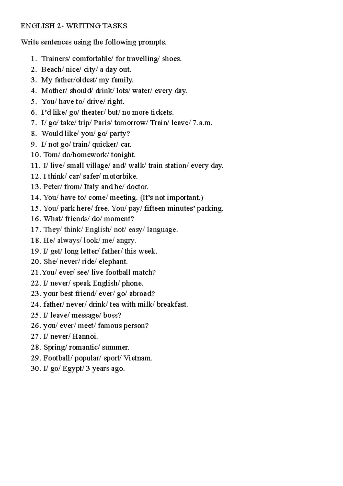 English 2 writing - test - ENGLISH 2- WRITING TASKS Write sentences ...