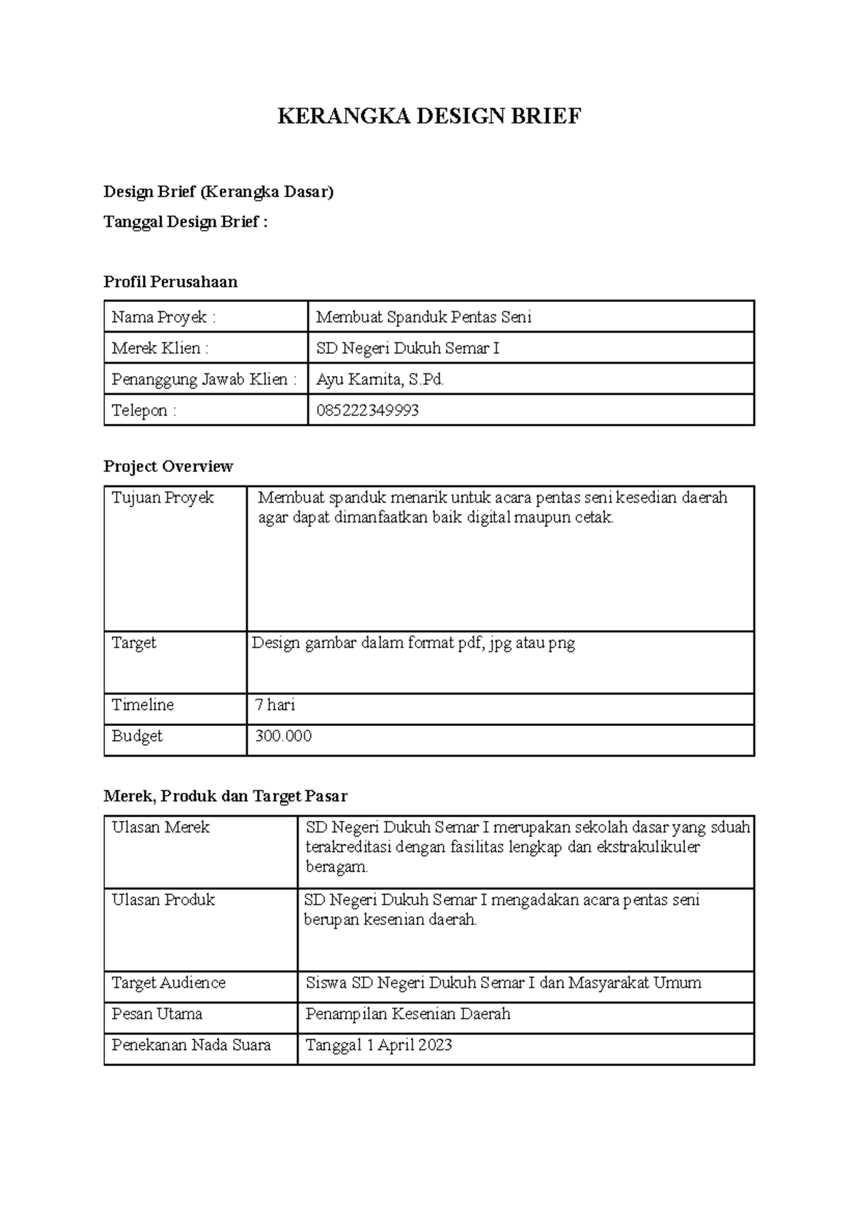 Design Brief Template for SDN Dukuh Semar I Project - Studocu