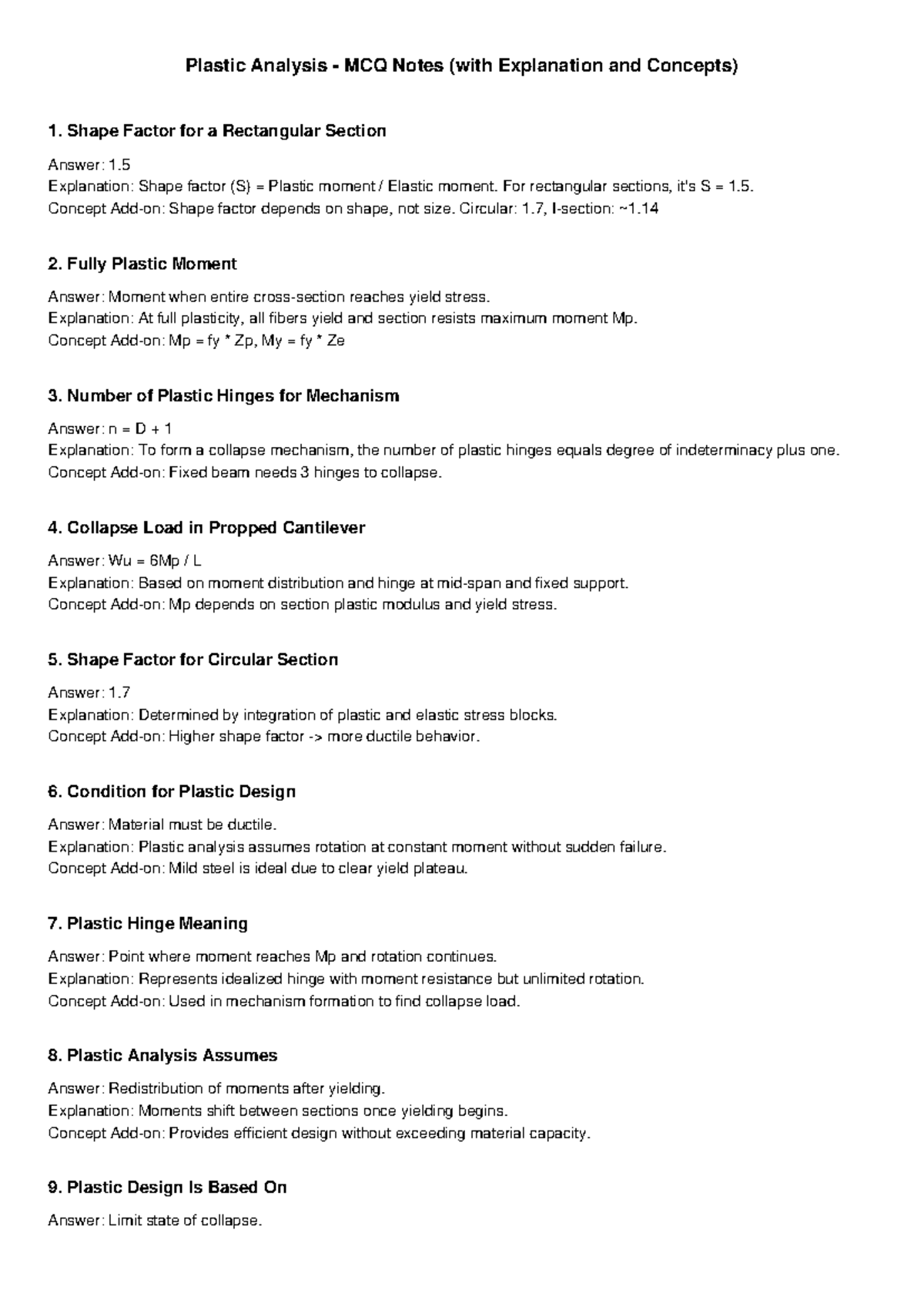 Plastic Analysis MCQ Notes (Part 1) with Explanations and Concepts ...