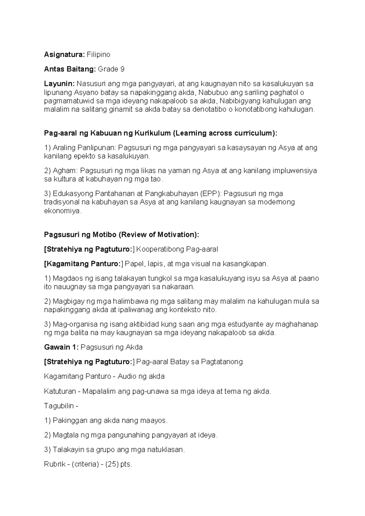 Lesson Plan: Filipino Grade 9 - Pagsusuri ng Akda at Kaugnayan sa ...