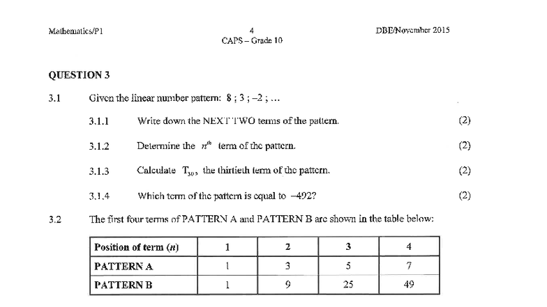 Grade 10 Number Patterns: 2015-2018 Exam Questions and Solutions - Studocu