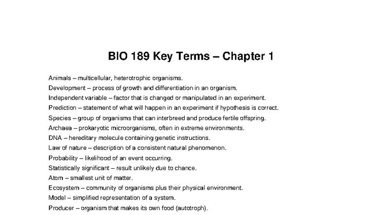 BIO 189 Key Terms: Chapter 1 - Multicellular Organisms & Concepts - Studocu