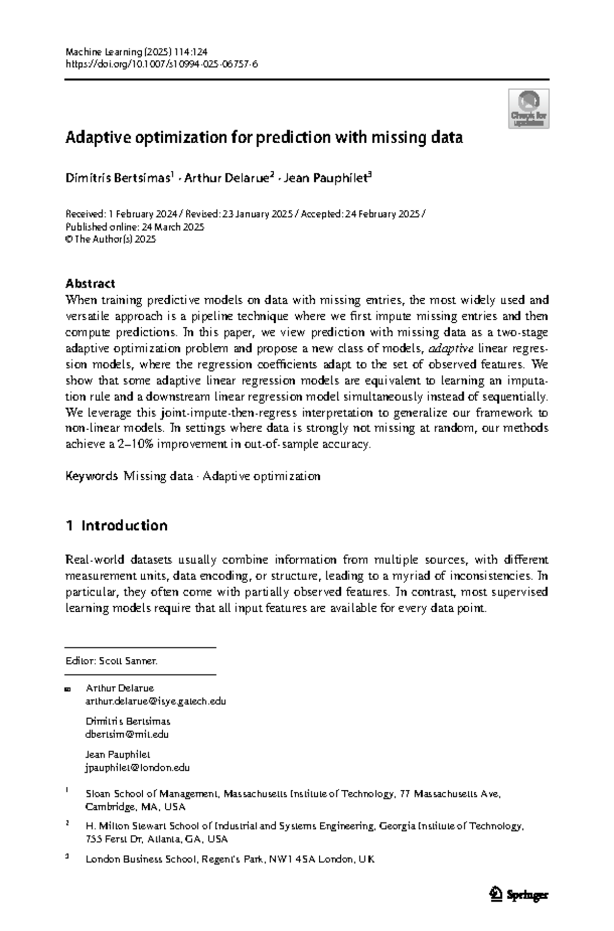 Adaptive Linear Regression Models for Missing Data in ML (2025) - Studocu