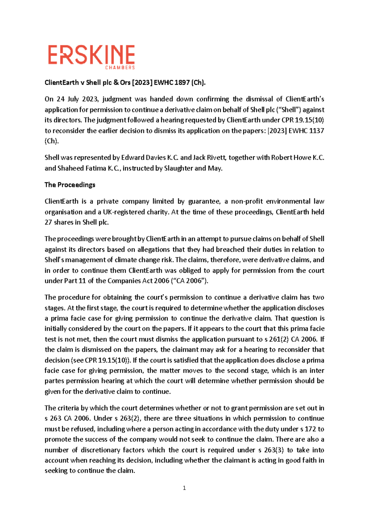 Client Earth v Shell summary final - ClientEarth v Shell plc & Ors ...