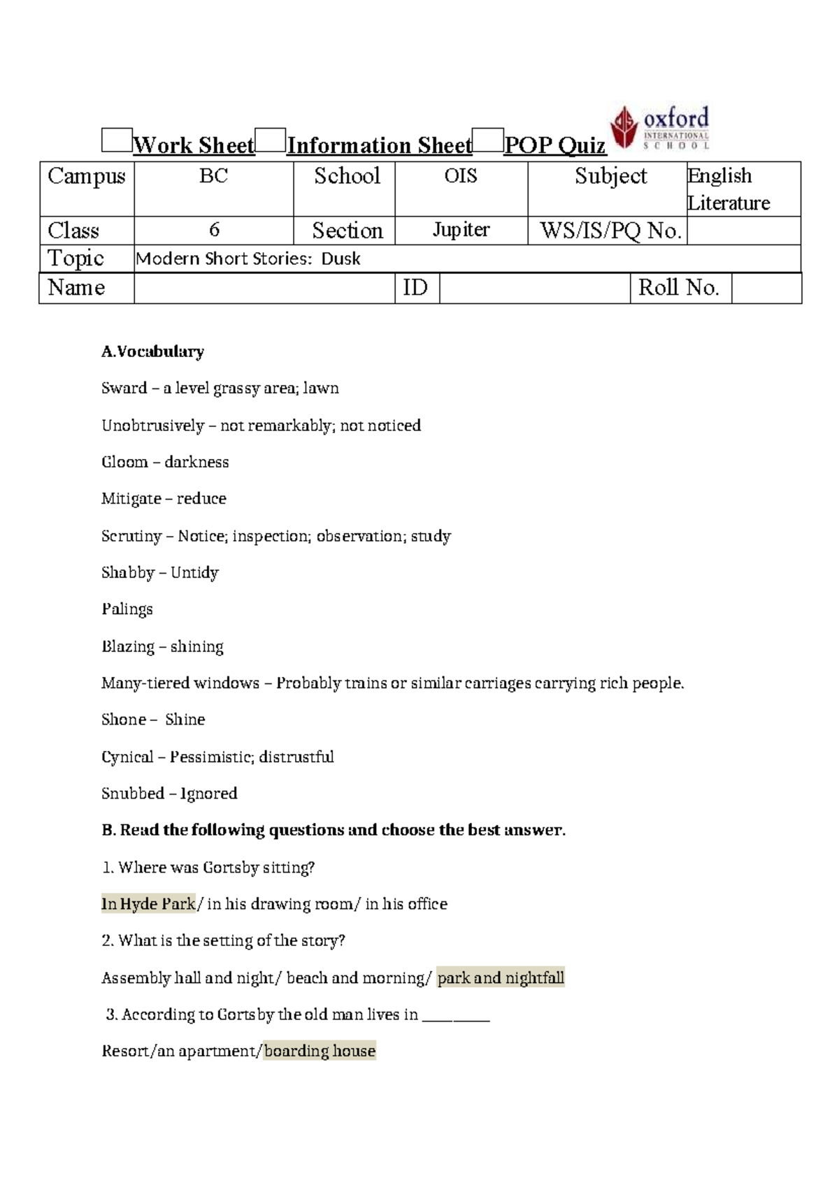 Class 6 English Literature: Modern Short Stories (Dusk & Upper Berth ...