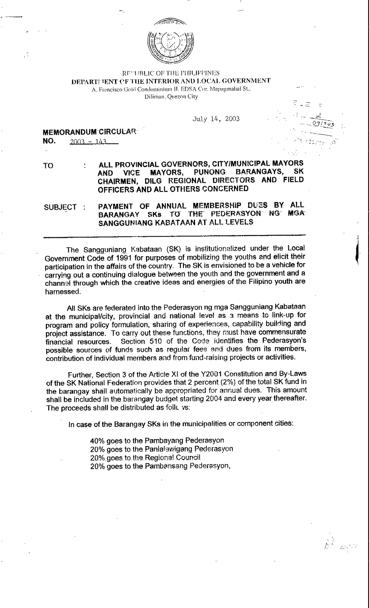 MC2003-143: Payment of Annual Membership Dues for SKs - Studocu