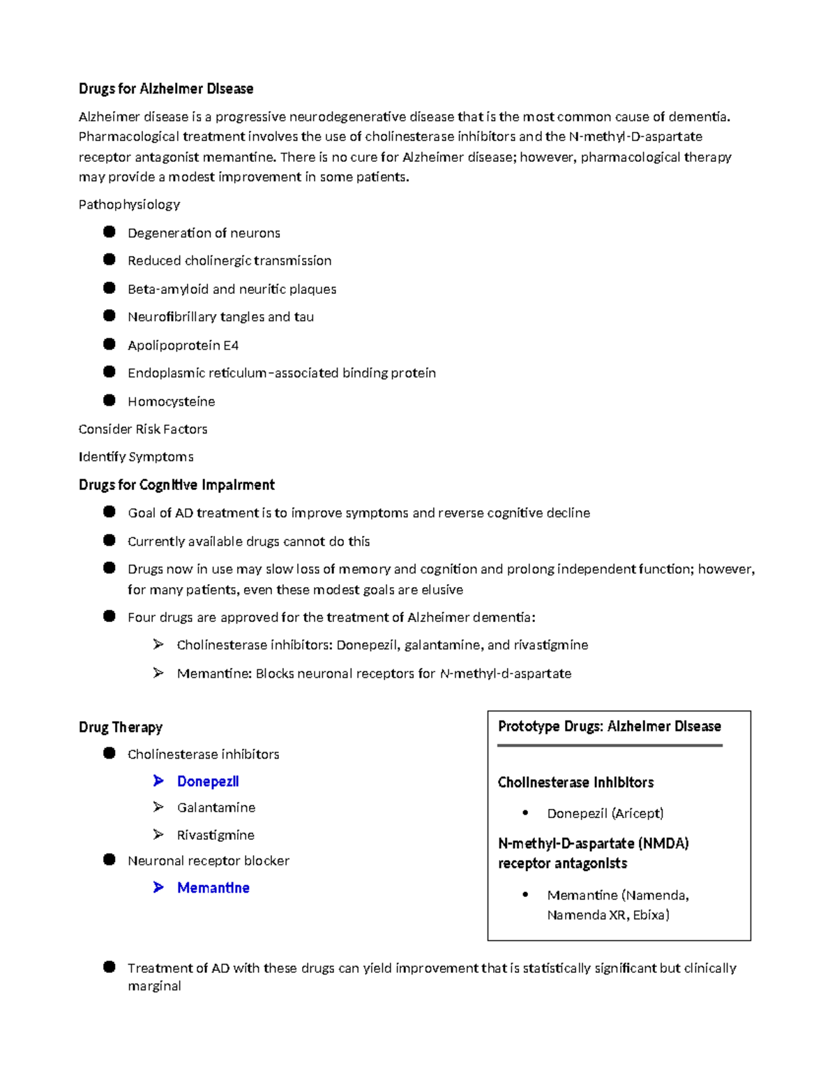 Drugs for Alzheimer Disease: Overview and Treatment Options - Studocu
