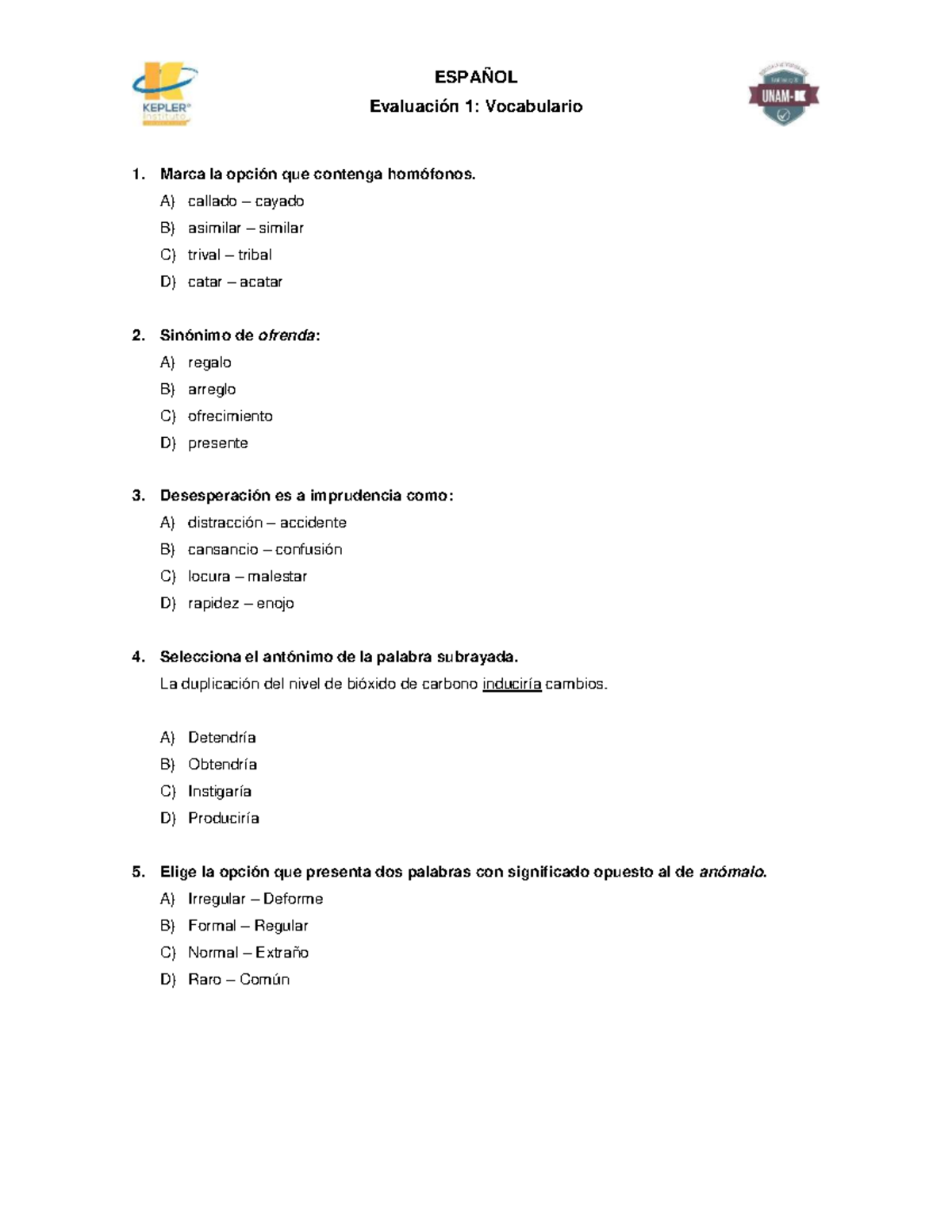 Español Eval 1: Vocabulario y Ejercicios de Homófonos y Sinónimos - Studocu