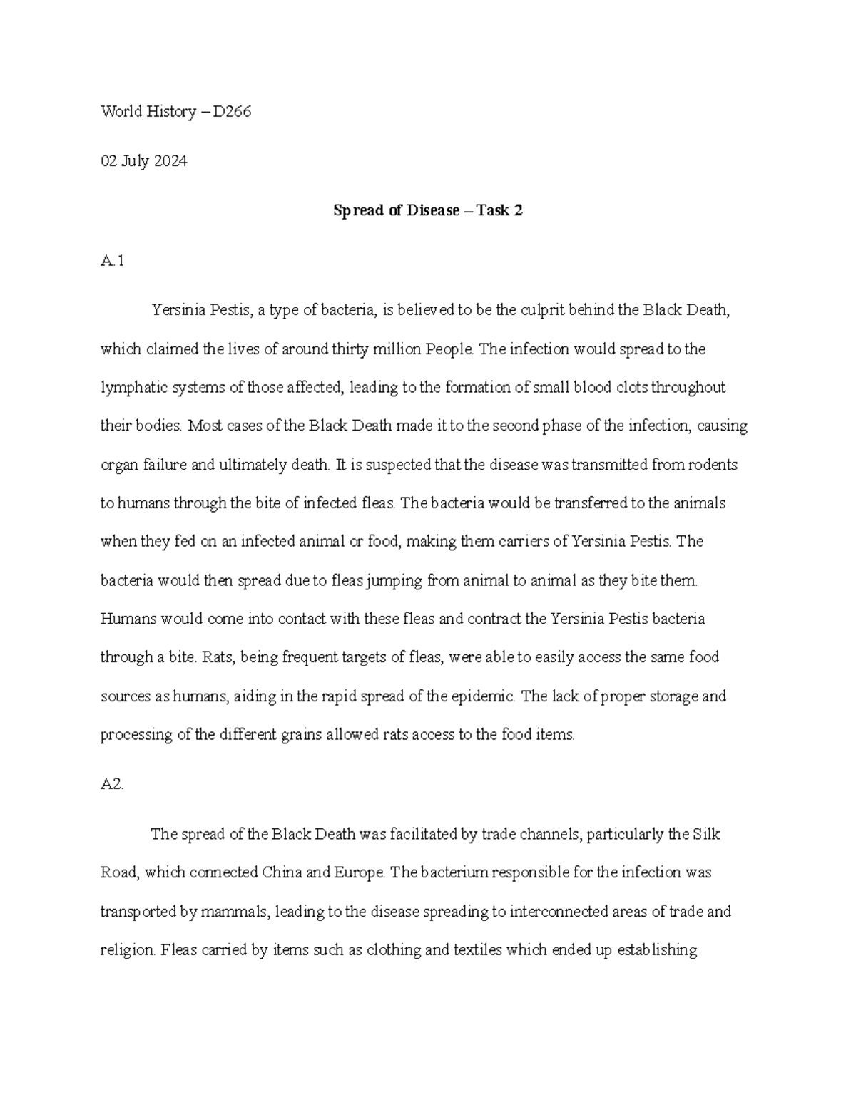 D266 World History Task 2 - Spread of Disease Factors - Studocu