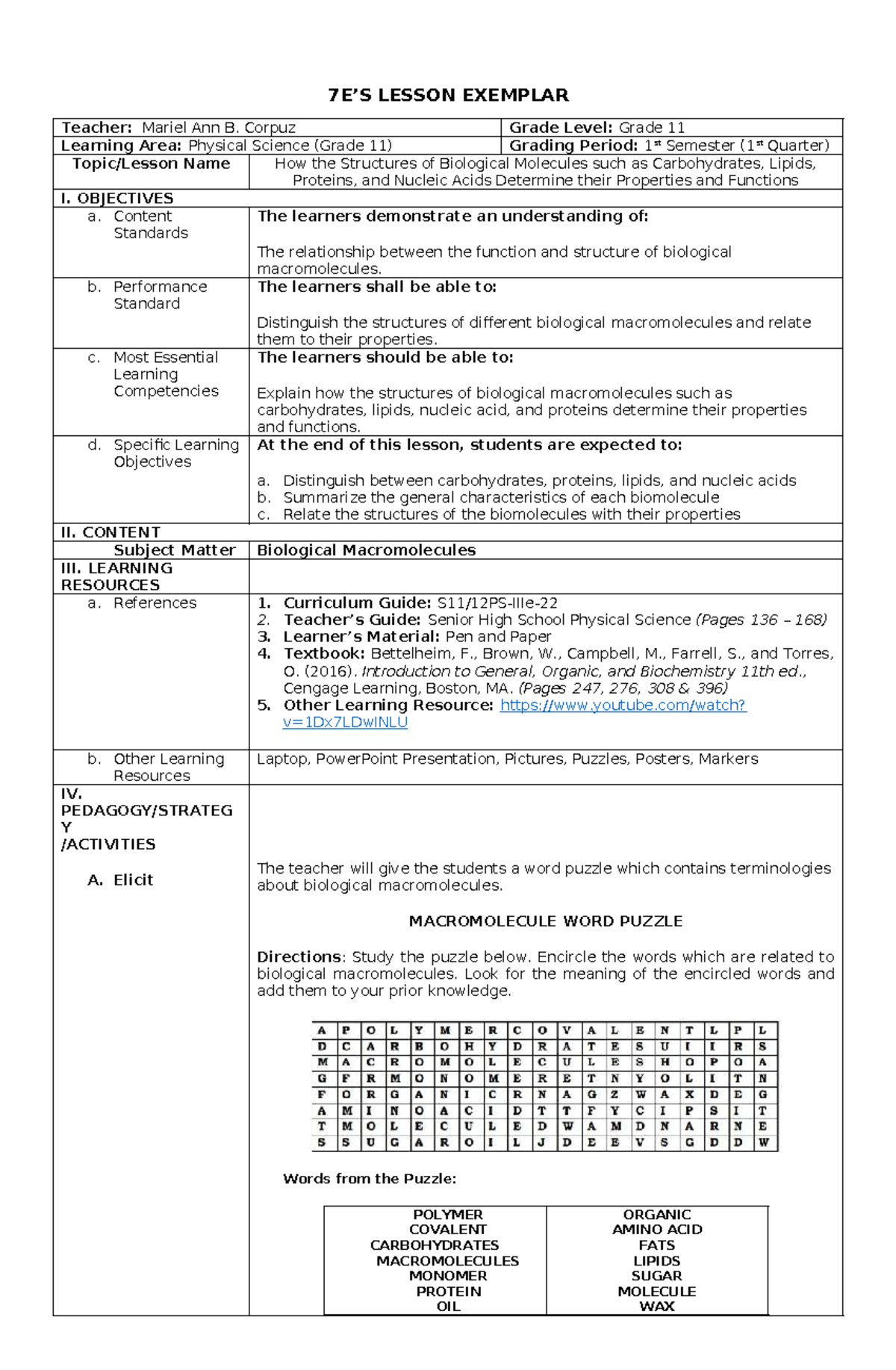 LESSON PLAN EXEMPLAR: BIOMOLECULES (GRADE 11 PHYSICAL SCIENCE) - Studocu