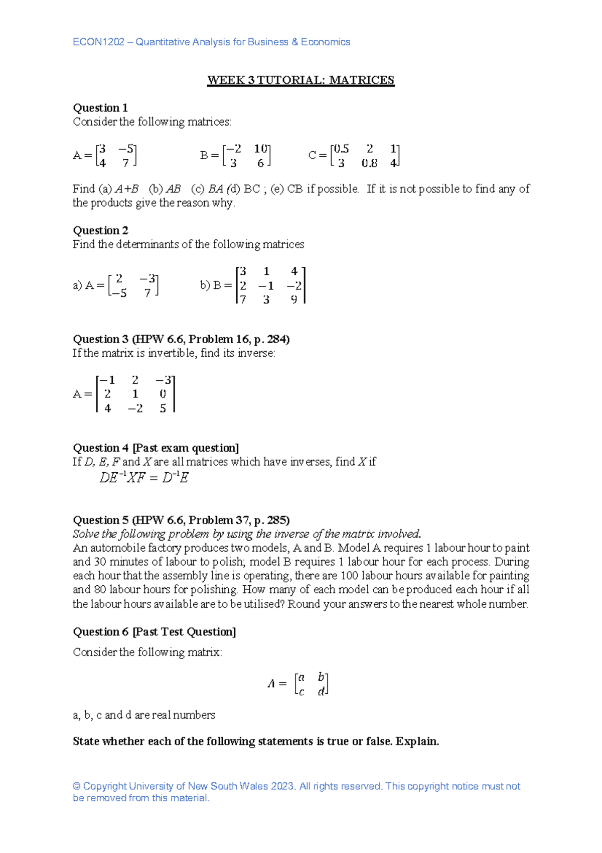 Week 3 Tutorial Questions - ECON1202 – Quantitative Analysis for ...