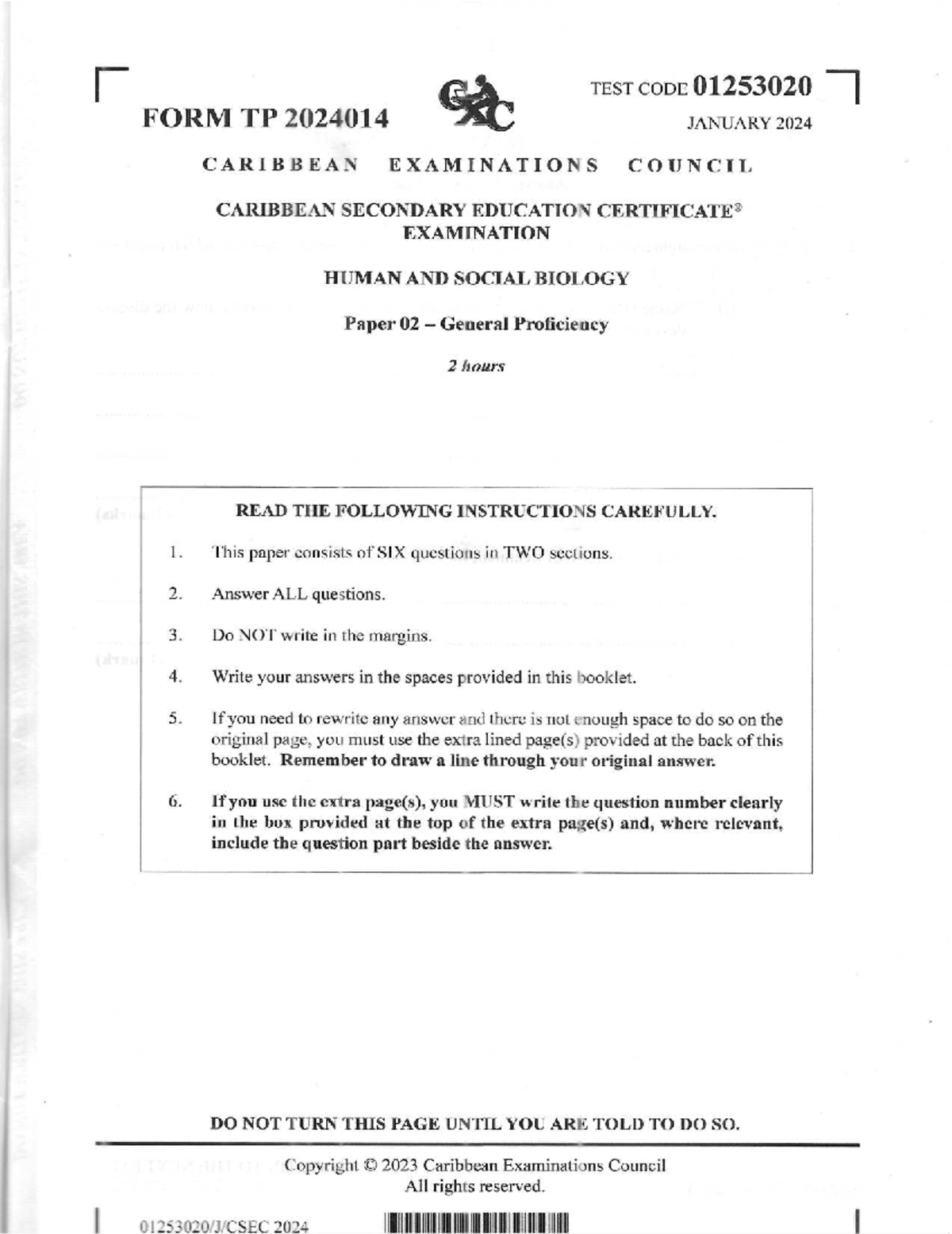 CSEC HSB 01253020 Jan 2024 Paper 02 Exam Guide & Instructions - Studocu