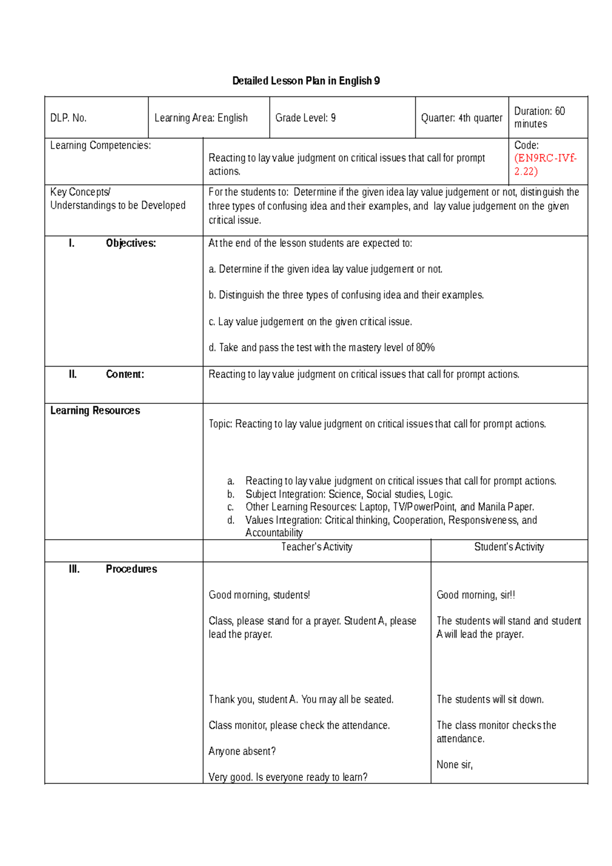 DLP: Lesson Plan on Value Judgement in English 9 (EN9RC-IVf-2) - Studocu