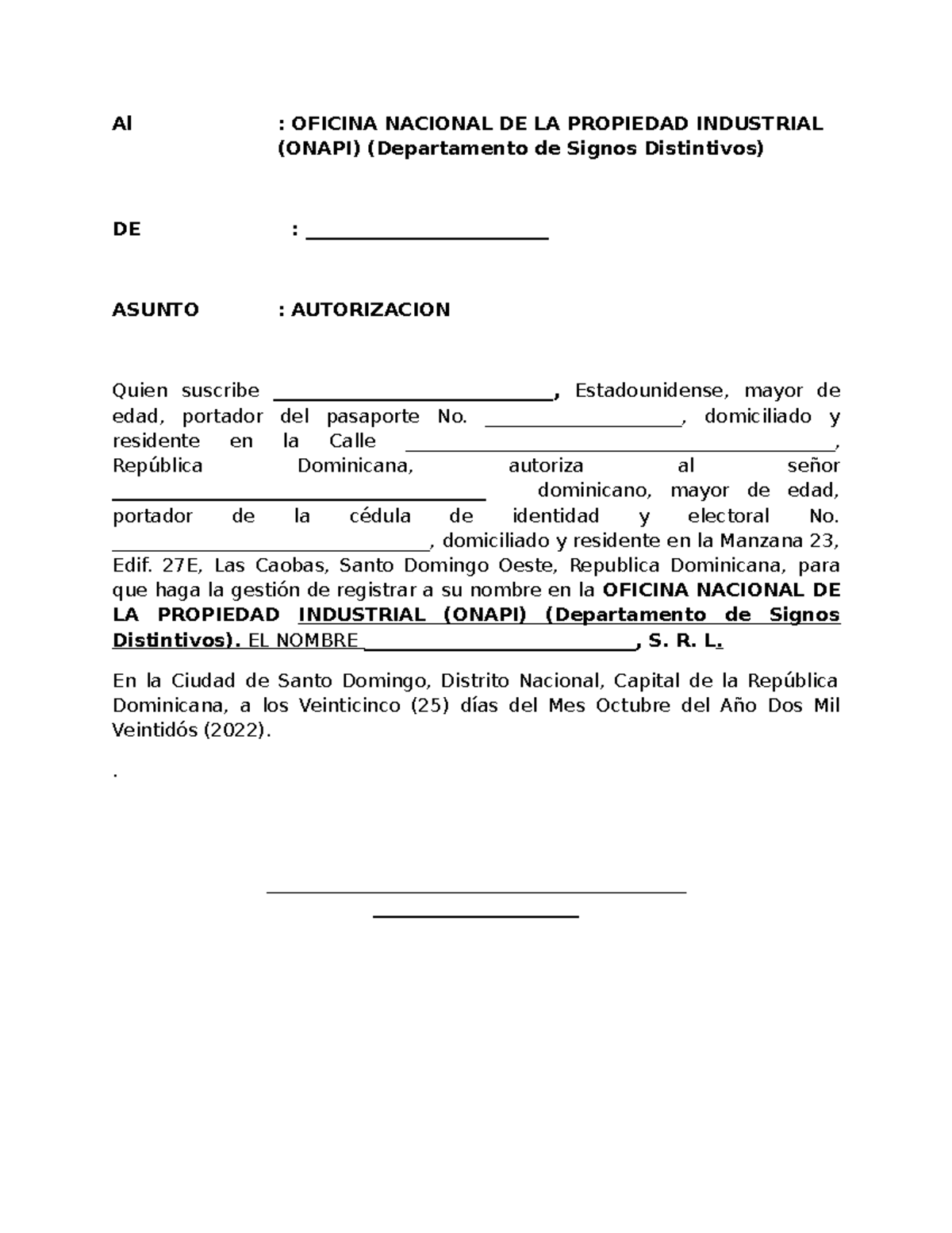 Modelo de Carta para Autorización a ONAPI - Studocu