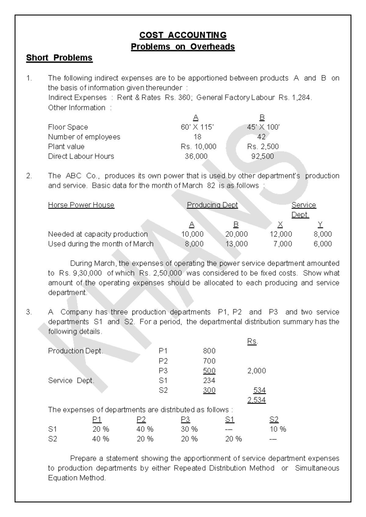 COST ACCOUNTING (COST 101) Problems on Overheads: Short Questions - Studocu