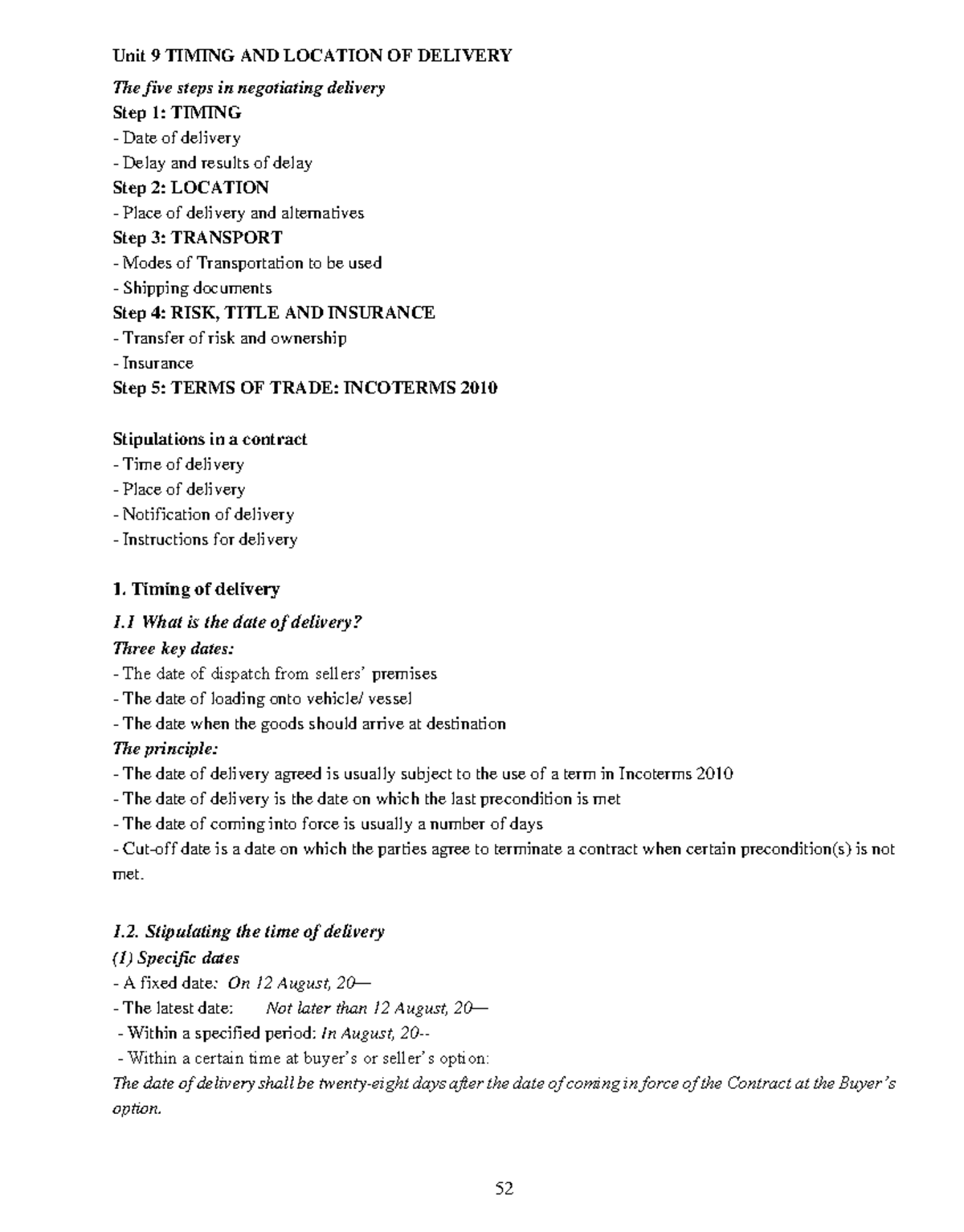 C1 Timing & location of Delivery - Unit 9 TIMING AND LOCATION OF ...