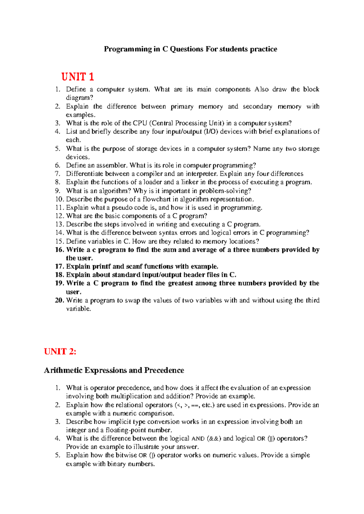 C Programming Assignment Questions: Practice Units 1 & 2 - Studocu