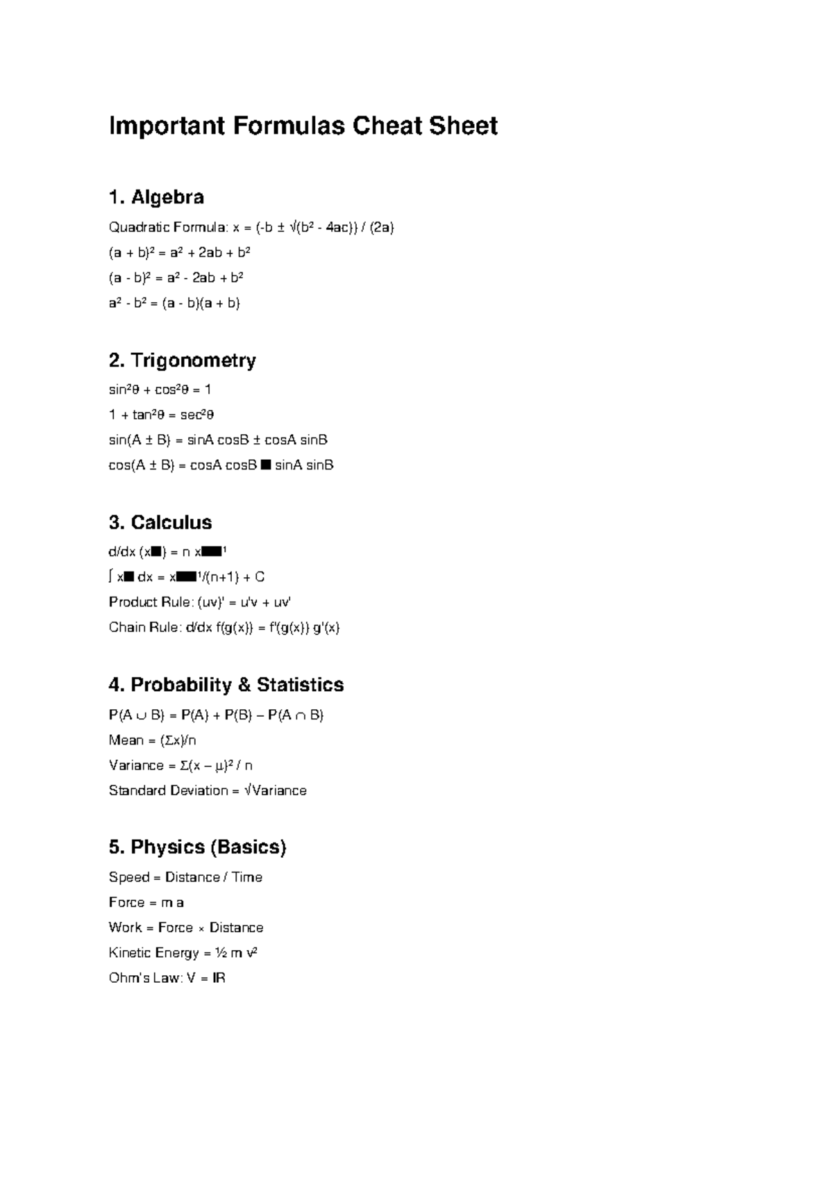 Important Formulas Cheat Sheet - Algebra Quadratic Formula: x = (-b ± √ ...