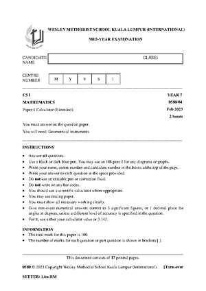 Cambridge Primary Checkpoint Mathematics Paper 1 (0096/01) - Oct 2024 ...