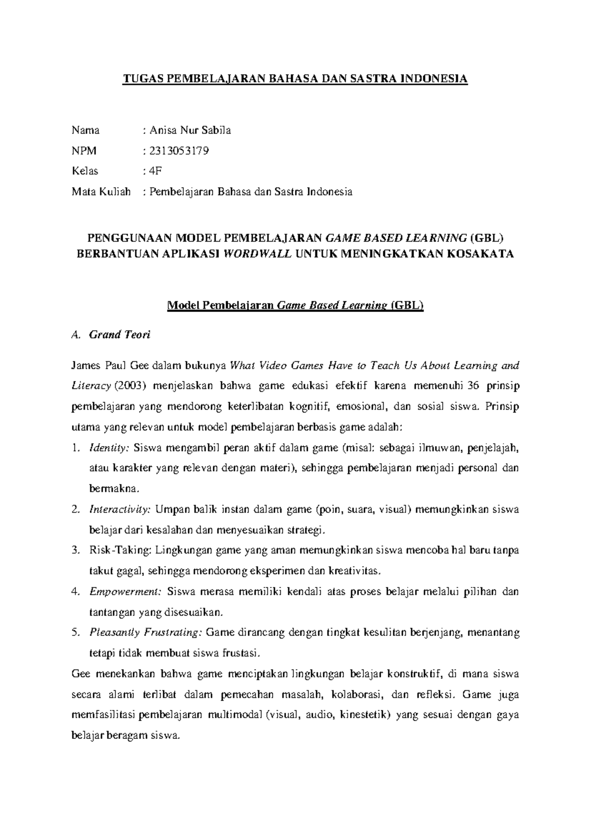 Tugas Desain Pembelajaran PBSI: Model Game Based Learning untuk ...