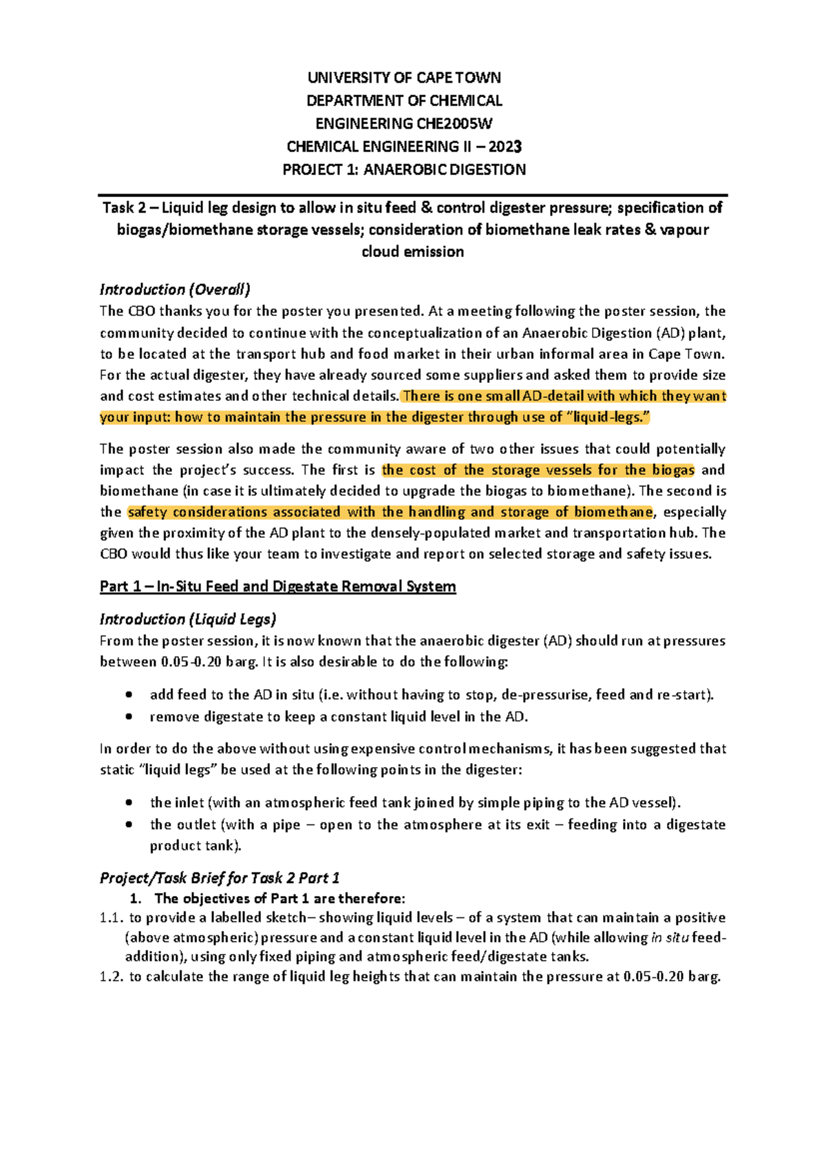 CHE2005W Project 1: Anaerobic Digestion Liquid Leg Design Report - Studocu