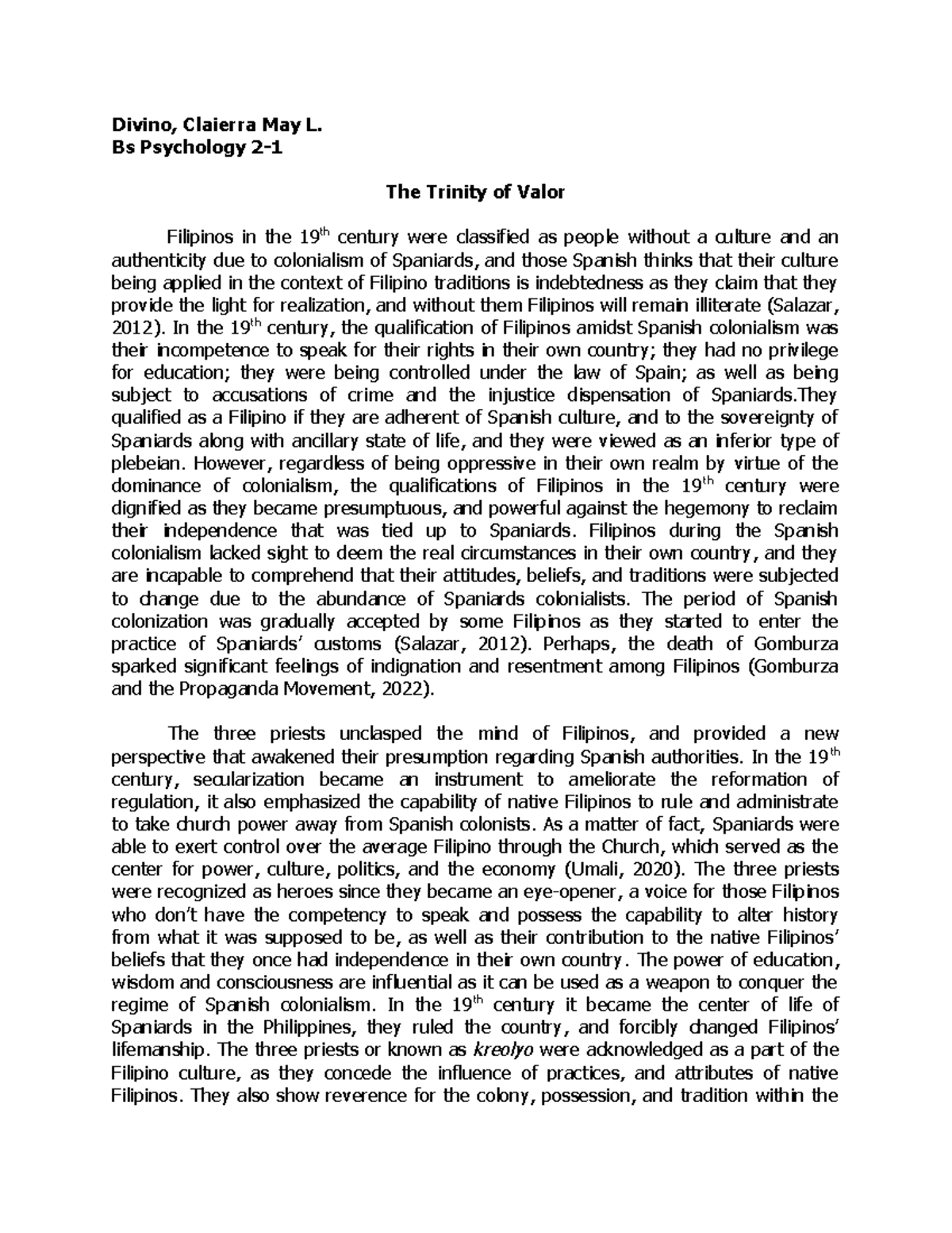 Gomburza Paper-1 - hii - Divino, Claierra May L. Bs Psychology 2- The ...