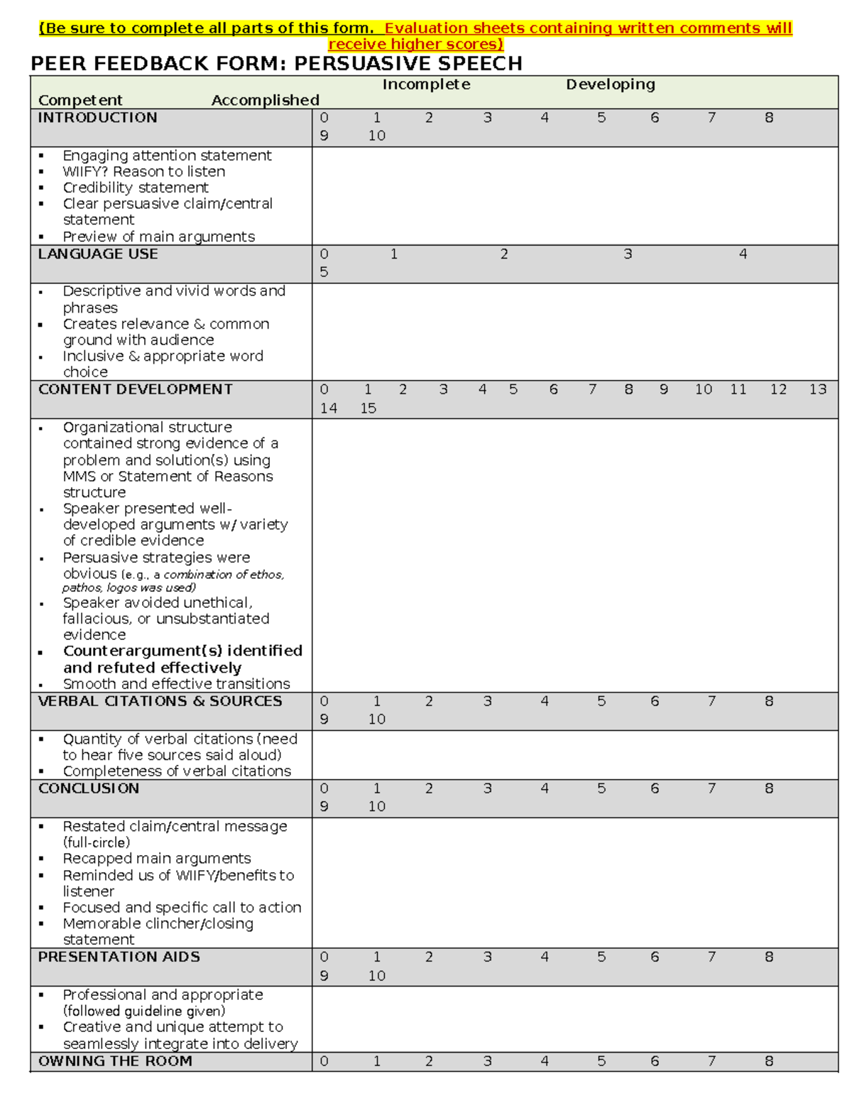 Persuasive Speech Peer Feedback Form Evaluation Criteria - Studocu