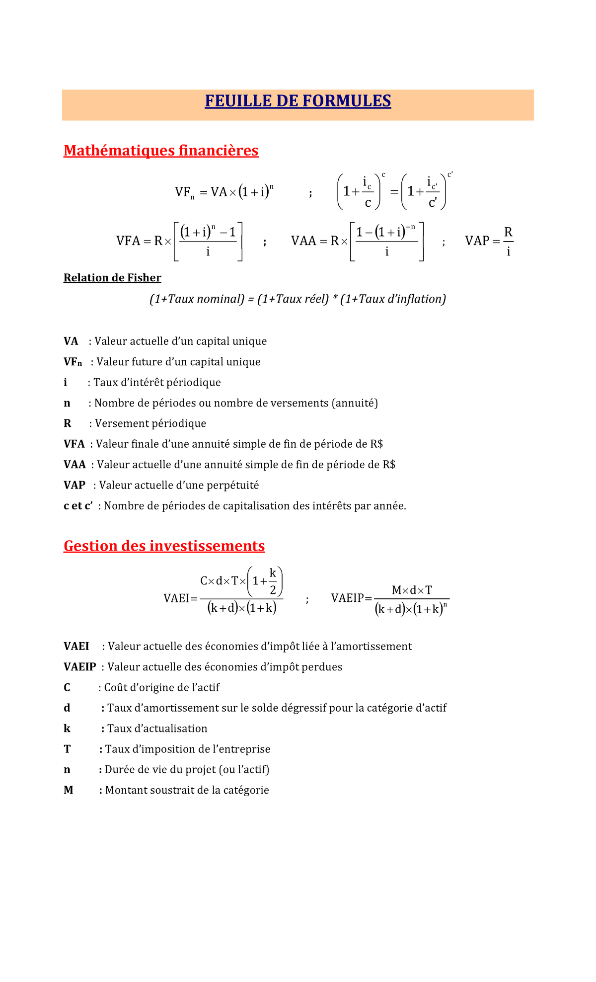 Feuille de formules (Intra) - FEUILLE DE FORMULES Mathématiques financières n VF n VA 1 i ...