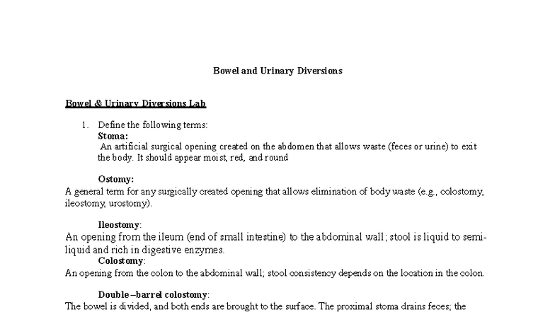 Bowel and Urinary Diversions Lab 1: Key Concepts and Definitions - Studocu