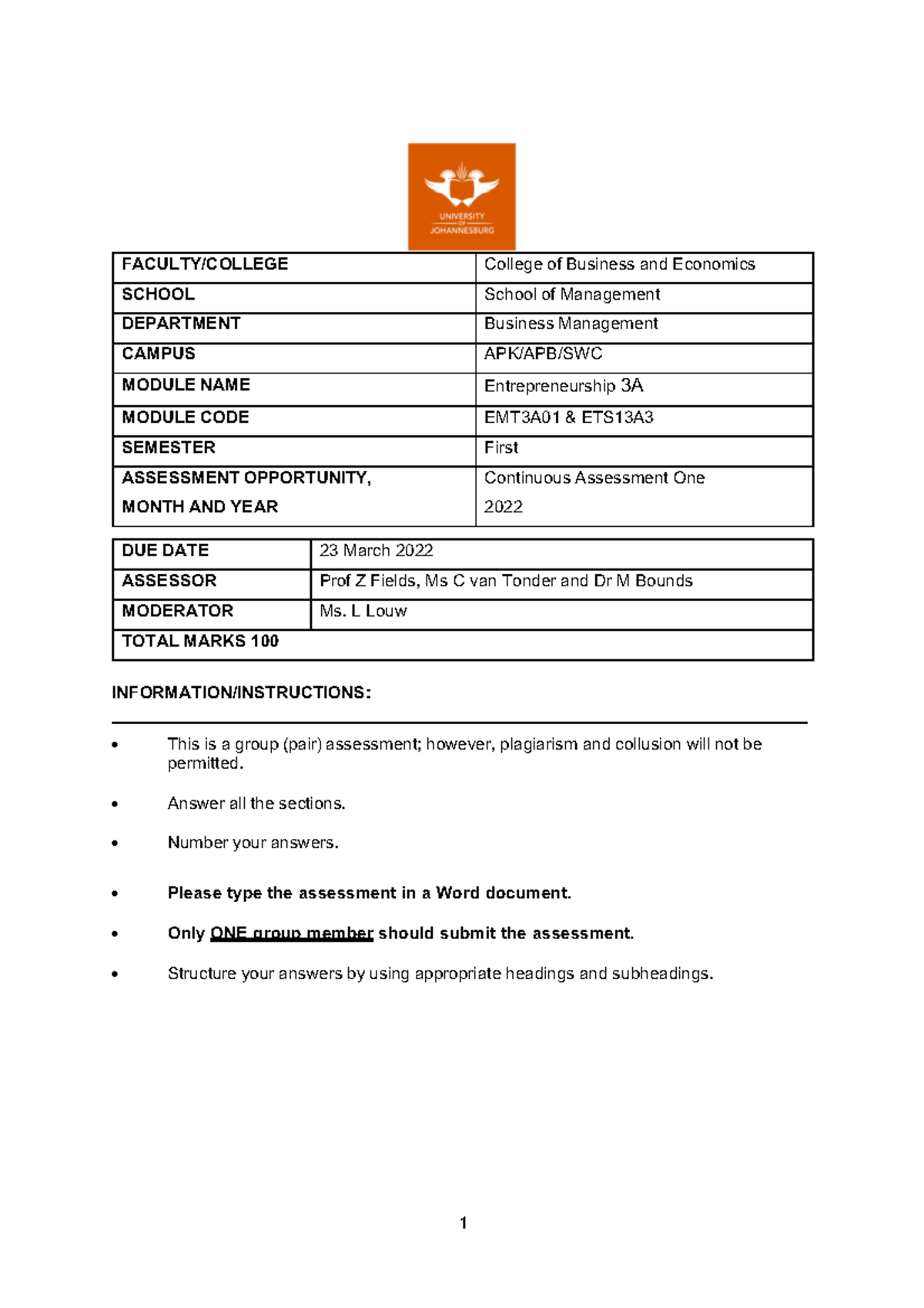 Entrepreneurship 3A EMT3A01 Continuous Assessment 1 Guidelines 2022 ...