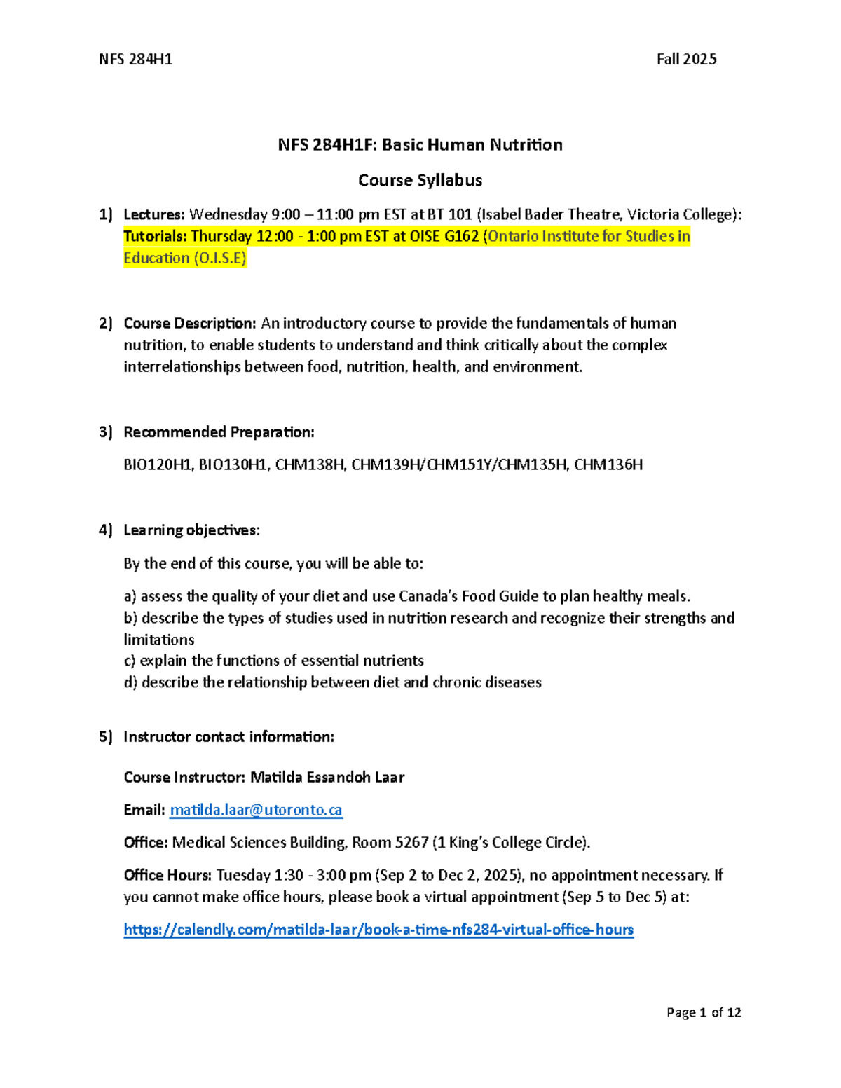NFS 284H1F Fall 2025: Basic Human Nutrition Course Syllabus - Studocu