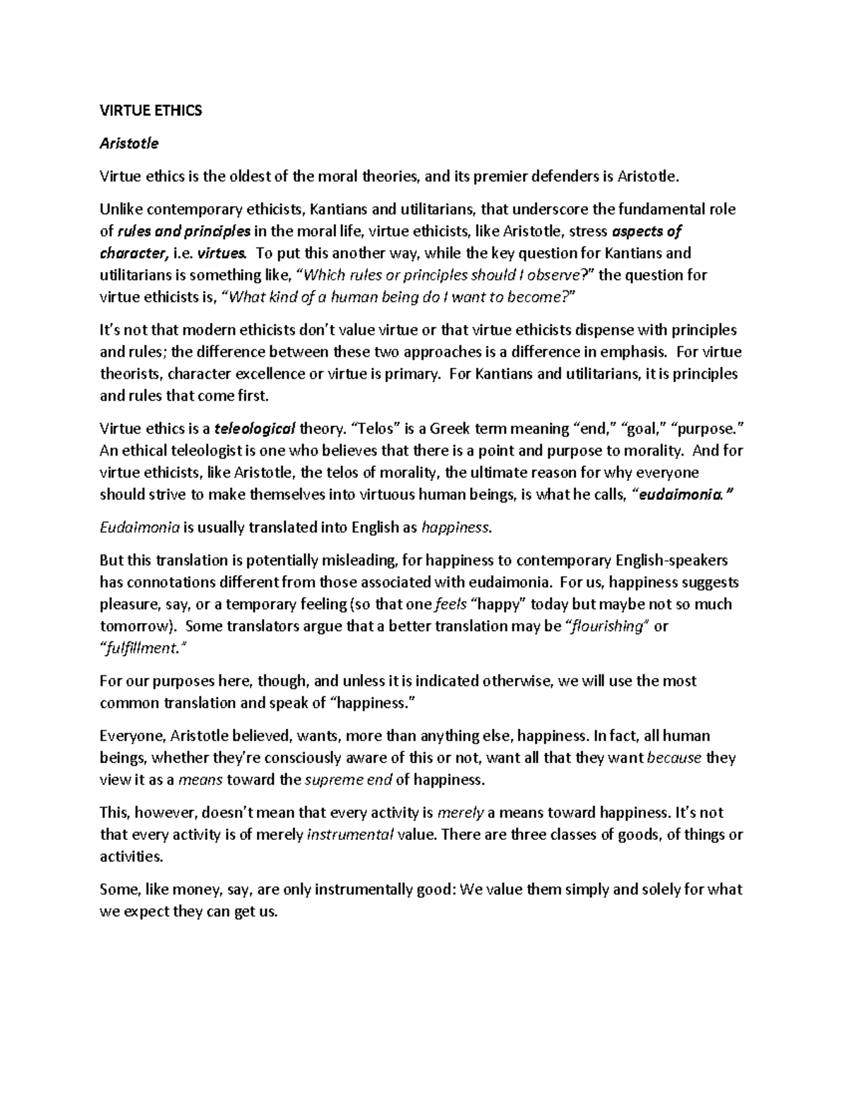 VIRT 101: Comprehensive Notes on Aristotle's Virtue Ethics - Studocu