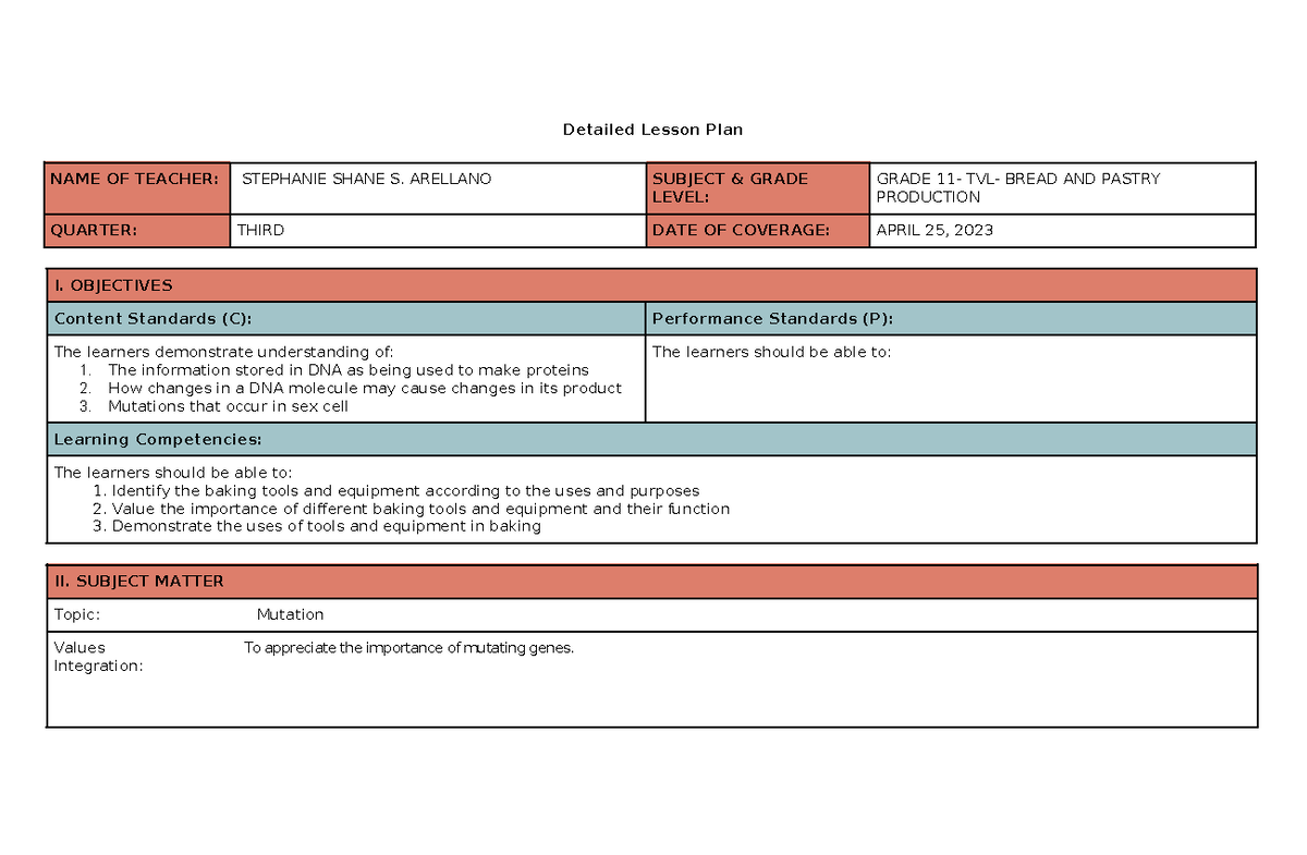 Detailed Lesson Plan on DNA Mutations for Grade Bread and Pastry ...