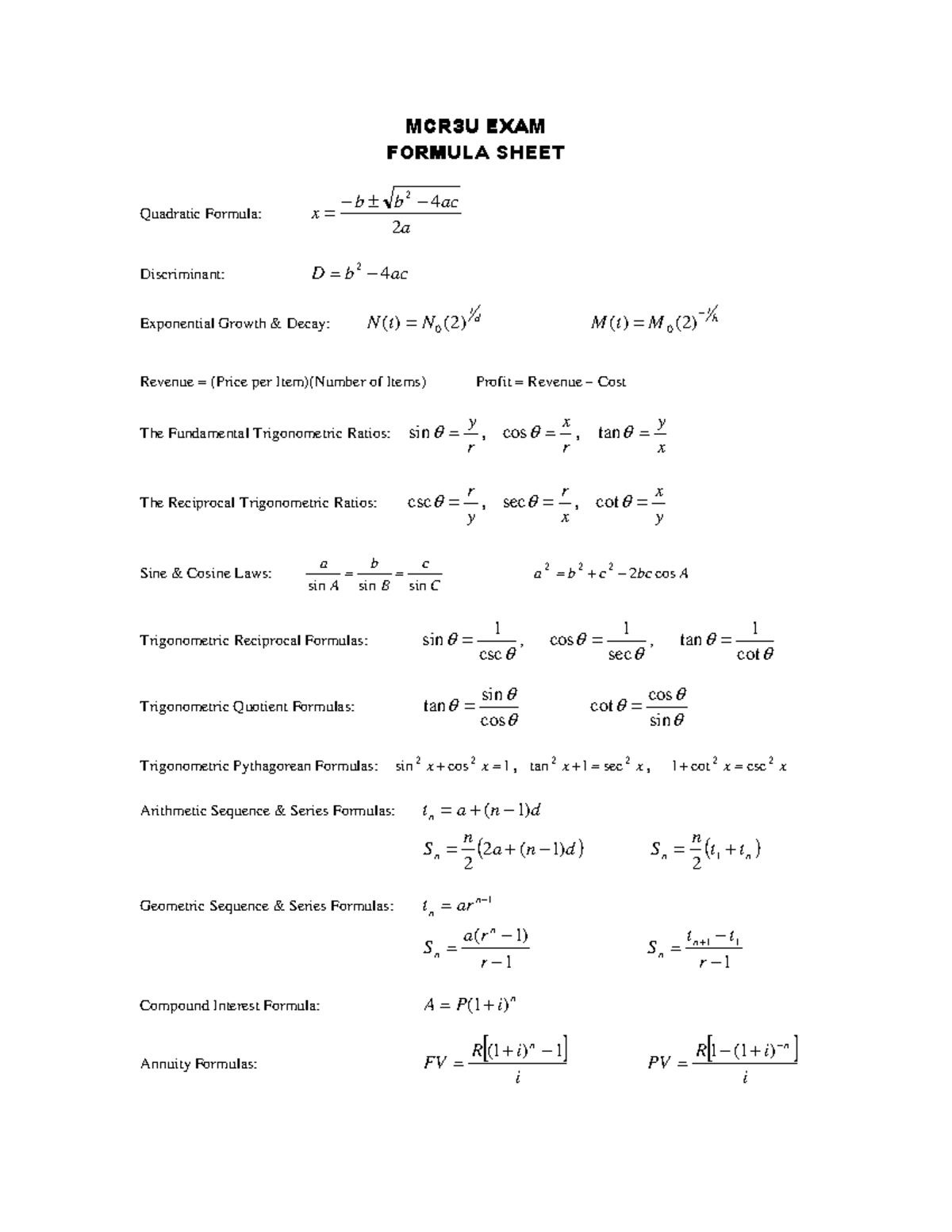 MCR3U - Essential Formulas for Final Exam Review - Studocu