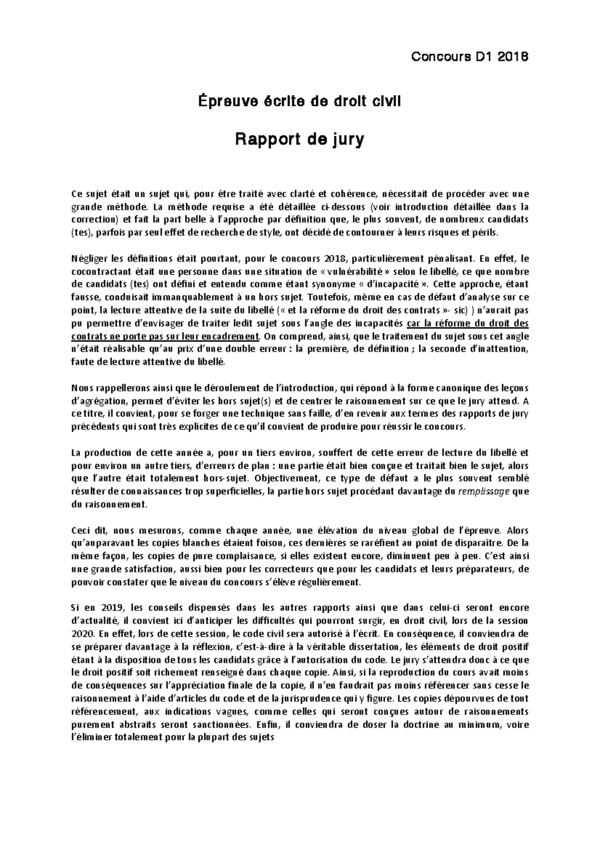 Rapport du Jury D1 2018 : Épreuve Écrite en Droit Civil - Studocu
