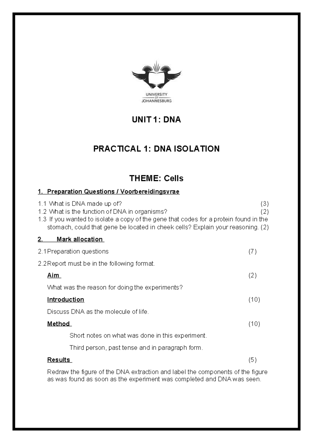 DNA Isolation Practical Report (Unit 1) - Cells Theme - Studocu