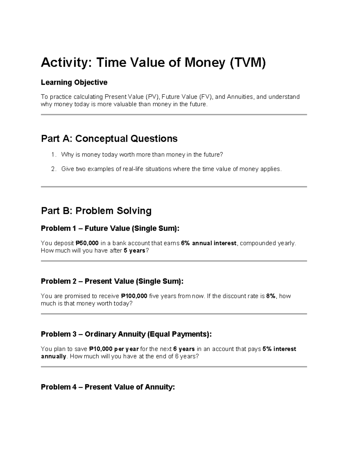 TVM Concepts & Problems: Present & Future Value Calculations - Studocu