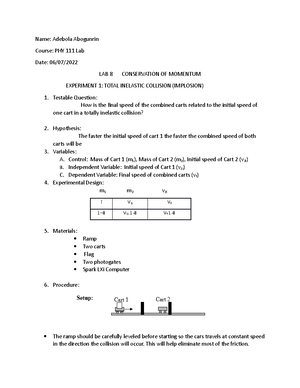 Lab 6 Newton’s 2nd Law of Motion Physics - Lab 6: Newton’s 2nd Law This ...