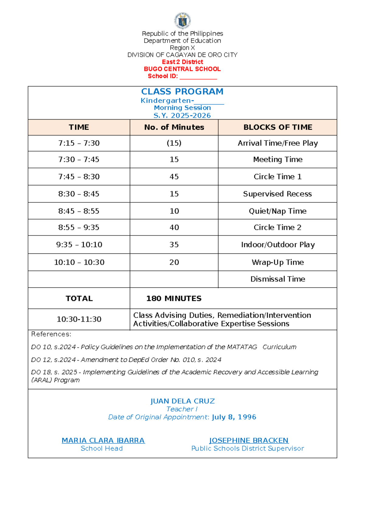 Class Program Overview for SY 2024 - Bugo Central School - Studocu