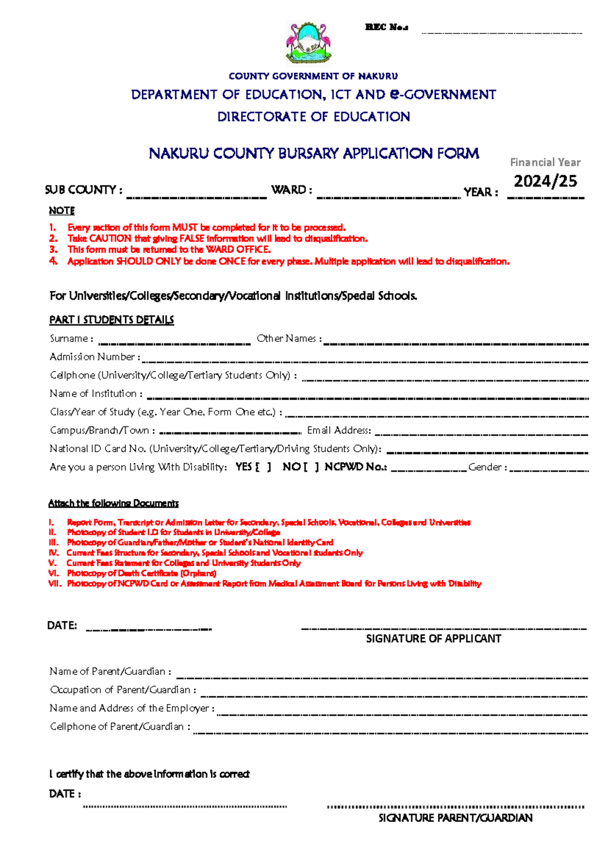 Nakuru County Bursary Application Form 2024-25 - Studocu