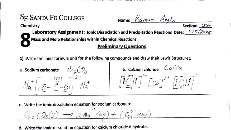 Post Lab 8: Ionic Dissociation & Precipitation Reactions - V Chem 8 ...
