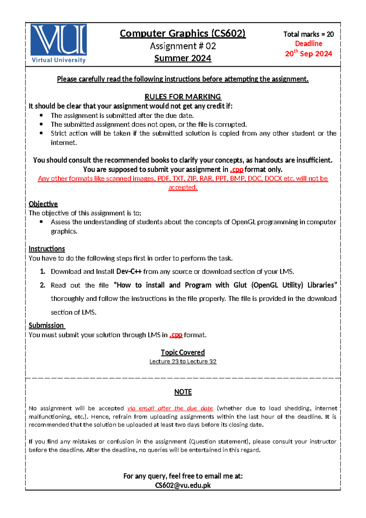 Summer 2024 CS602 Assignment 02: OpenGL Programming Tasks - Studocu